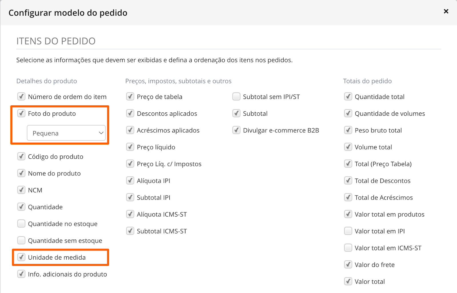 Novas configurações para o PDF do pedido, novas colunas em relatórios e ...